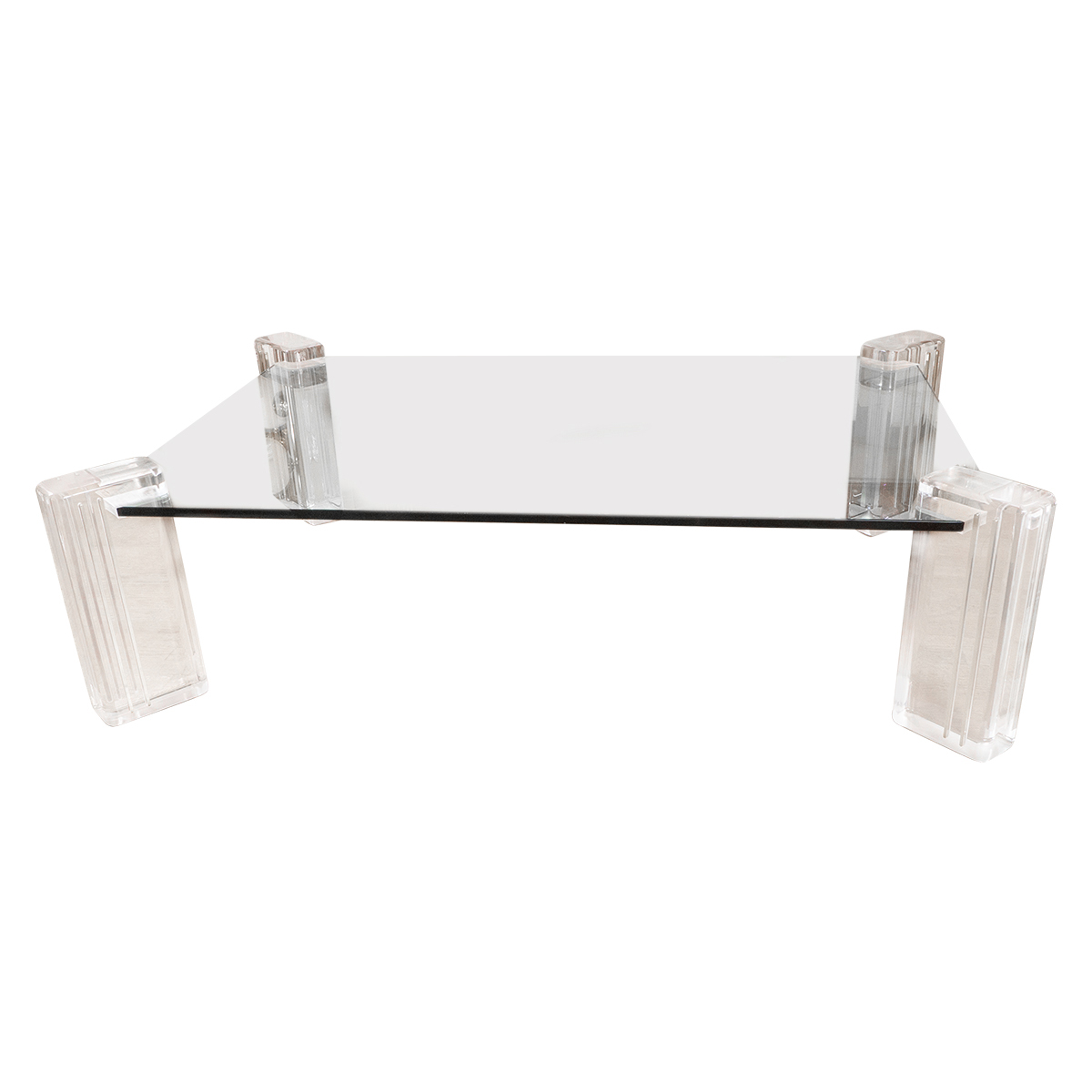 Rectangular glass coffee table with lucite and brass supports | Coffee ...