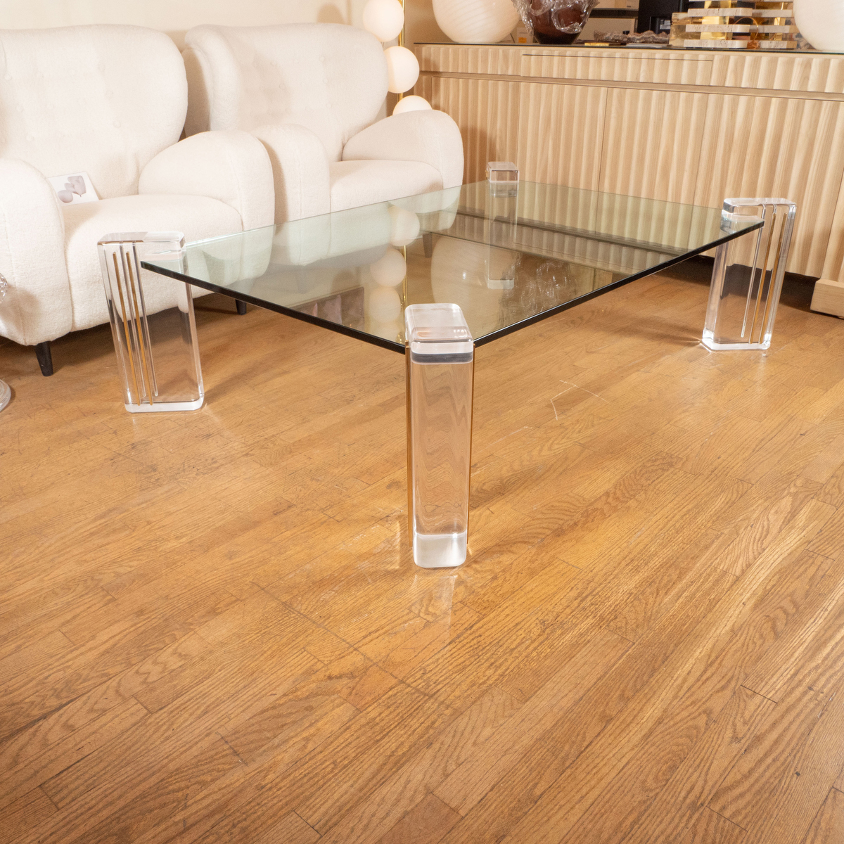 Rectangular glass coffee table with lucite and brass supports | Coffee ...