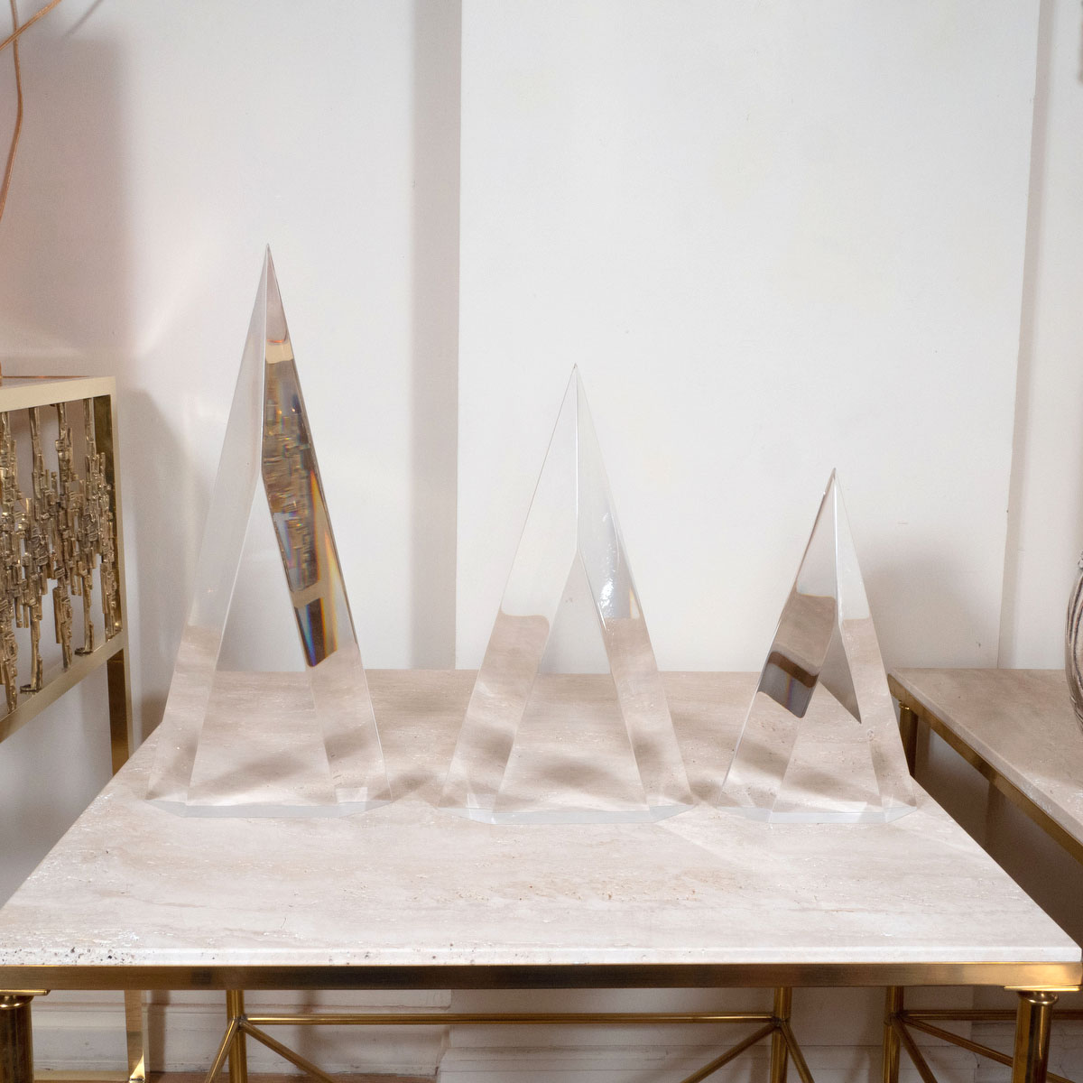 Trio of facet cut Lucite triangular sculptures | Sculptures | John ...
