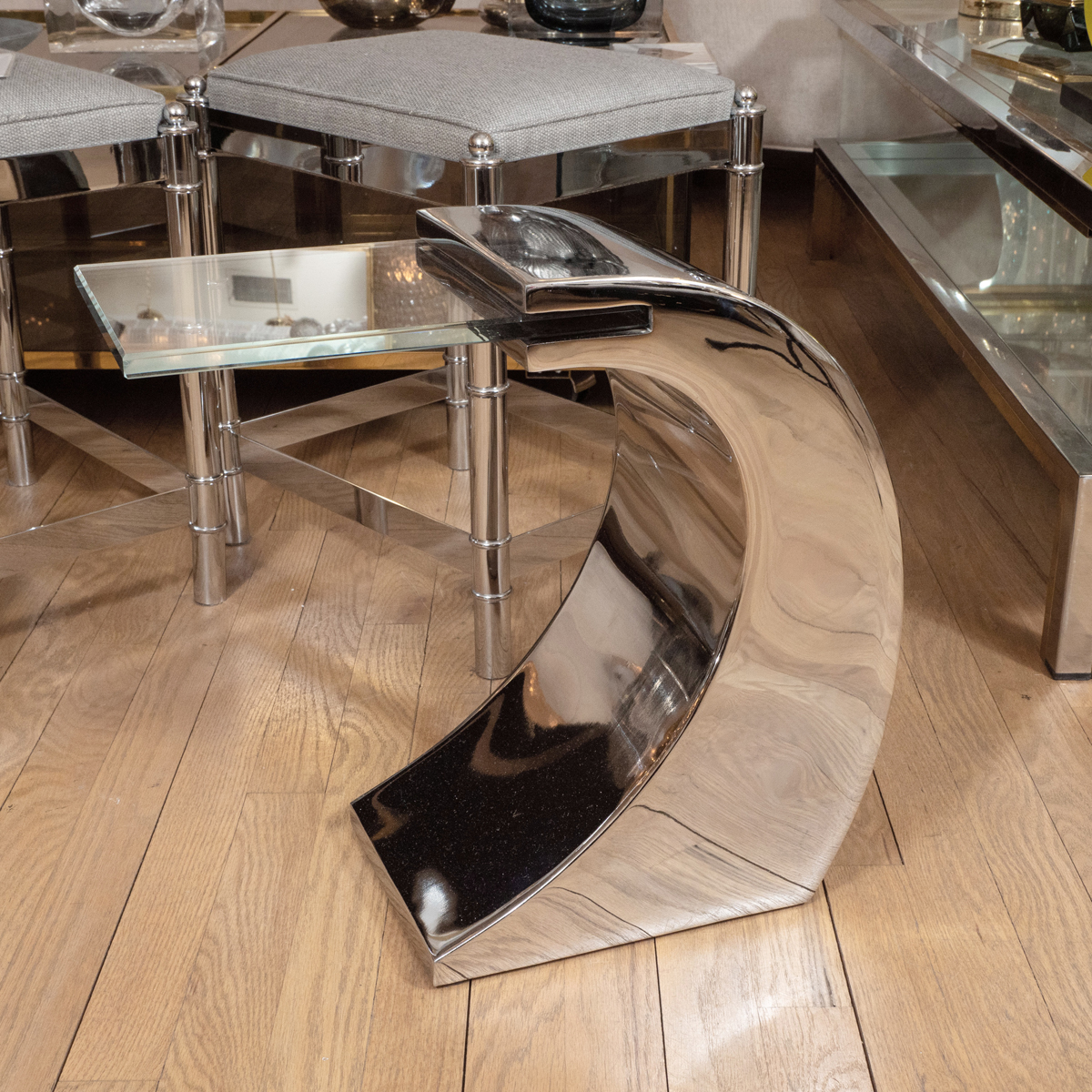 Curved polished nickel side table | Side & End Tables | John Salibello