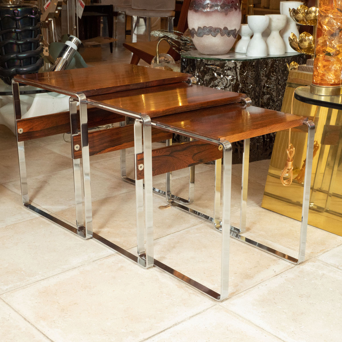 Trio of wood and nickel nesting tables | Side & End Tables | John Salibello